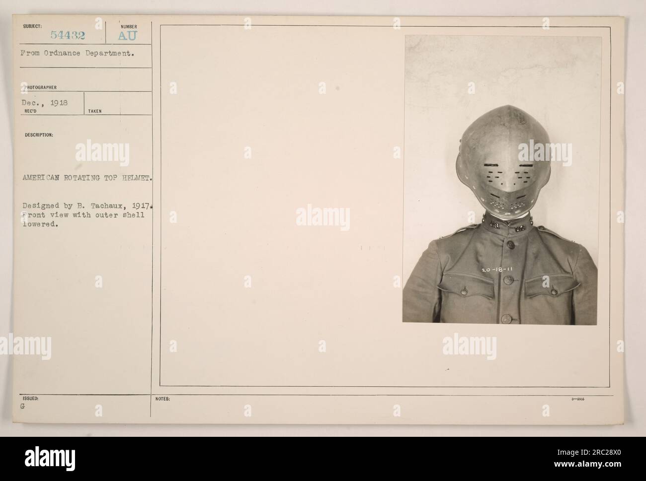 American rotating top helmet, designed by B. Tachaux in 1917. This ...