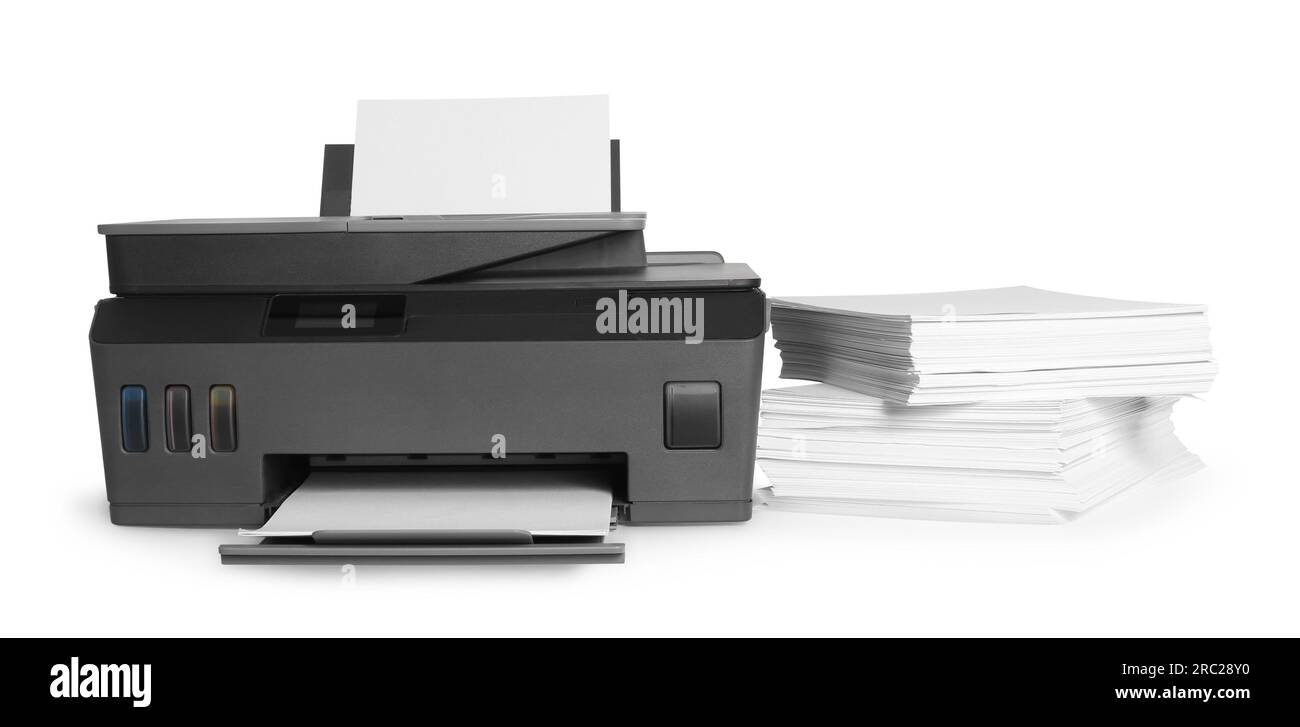 Modern printer and stack of paper on white background Stock Photo - Alamy