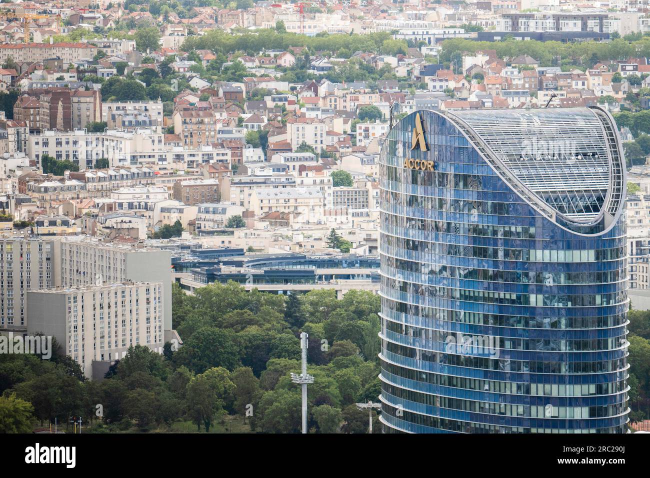 Paris, France. 11th July, 2023. Aerial view of the Accor tower in Paris ...