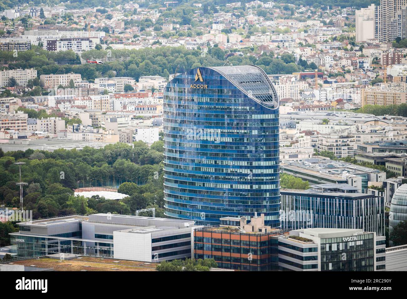 Paris, France. 11th July, 2023. Aerial view of the Accor tower in Paris ...