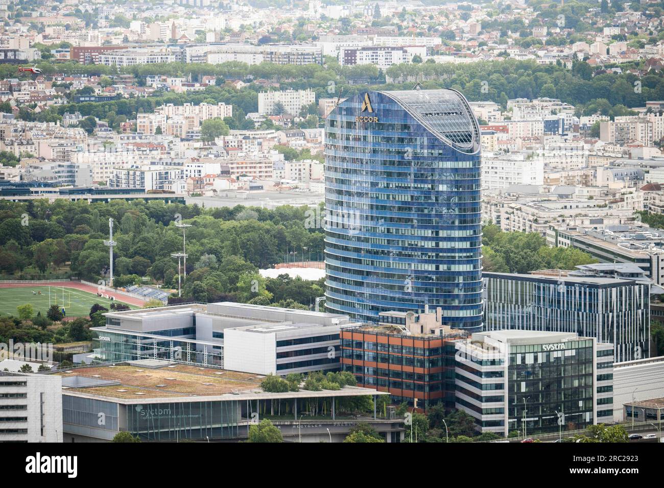 Paris, France. 11th July, 2023. Aerial view of the Accor tower in Paris ...