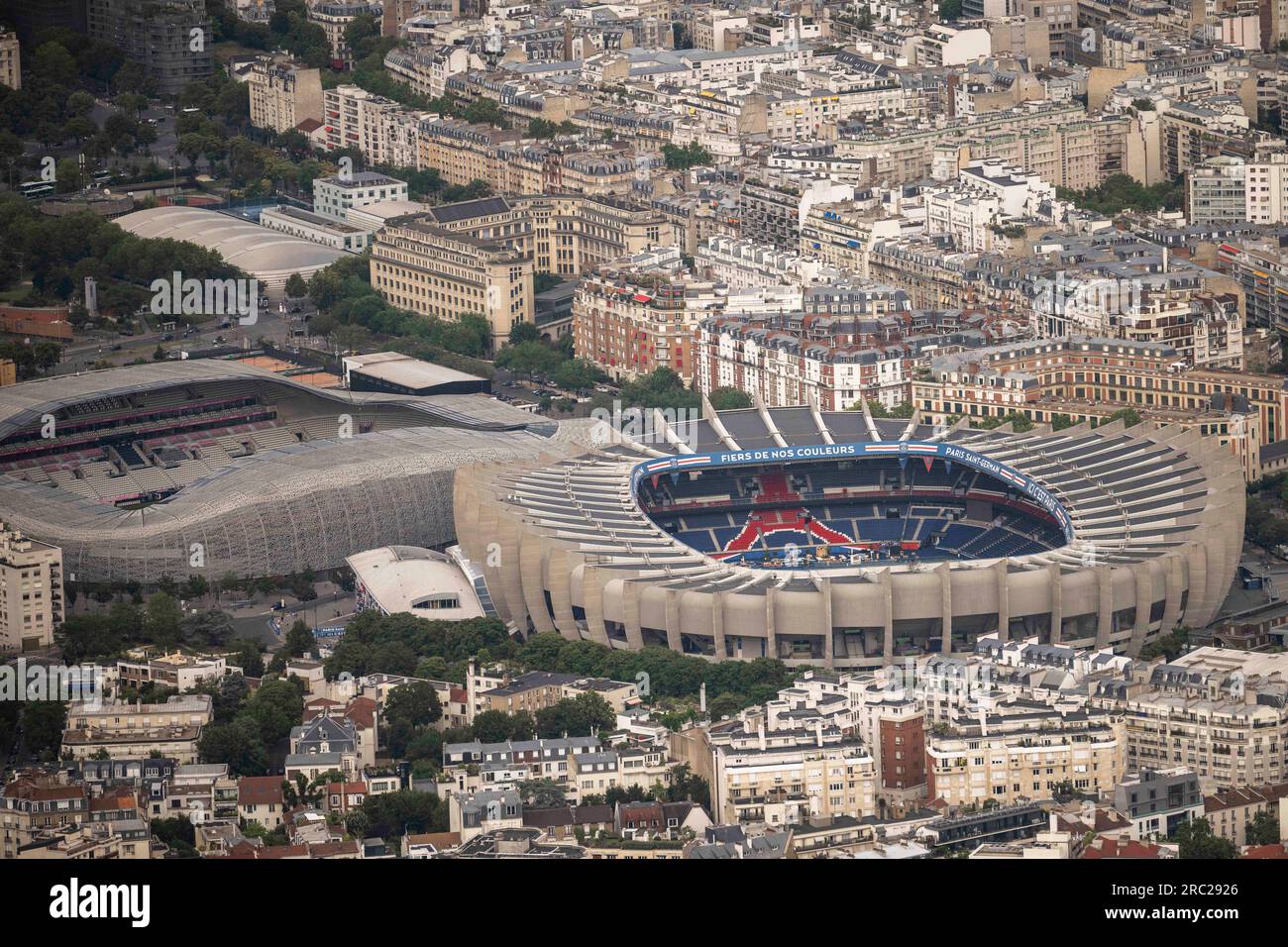 Paris, France. 11th July, 2023. Aerial view of the Parc des Princes ...