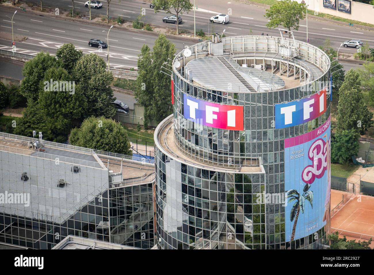 Paris, France. 11th July, 2023. Aerial view of the TF1 tower in Paris ...