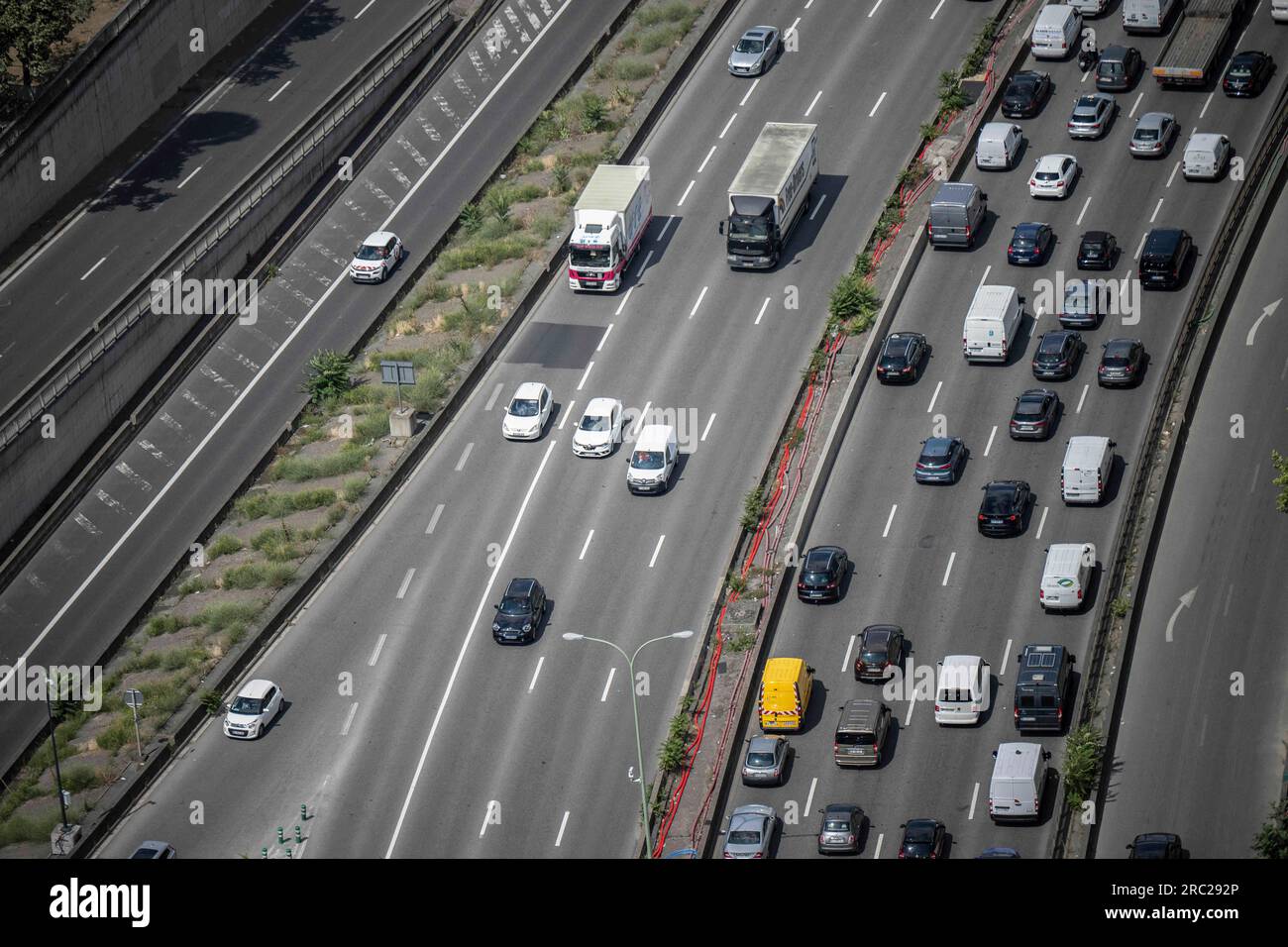 Paris, France. 11th July, 2023. Aerial view of traffic on the ...