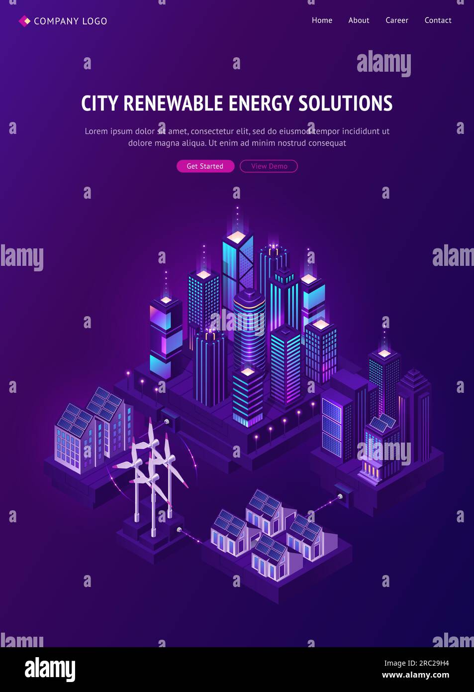 Smart city renewable energy solutions isometric landing page. Smartcity with neon glowing ...