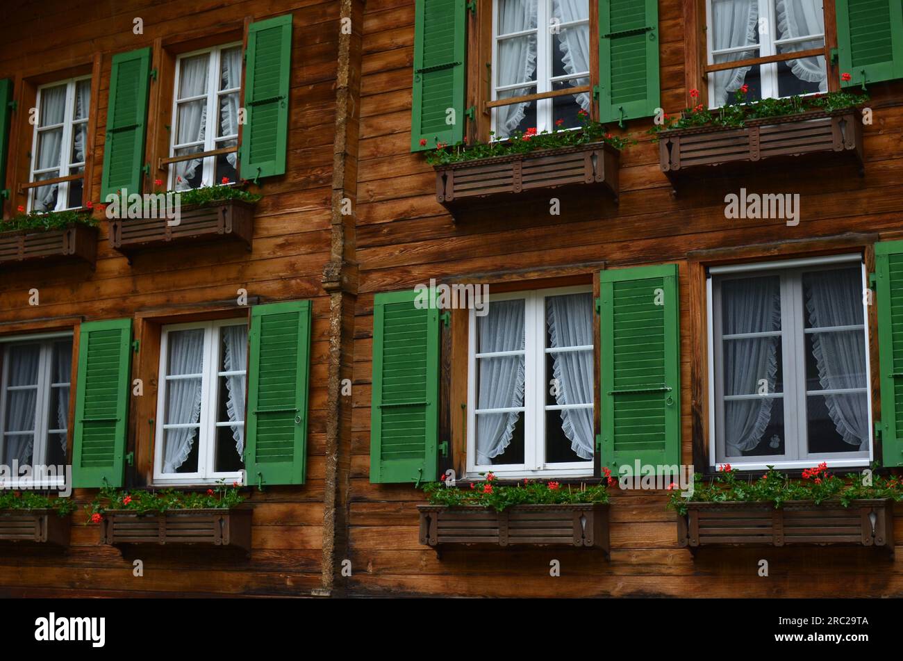 Exterior of building with beautiful flowers growing in holders under ...