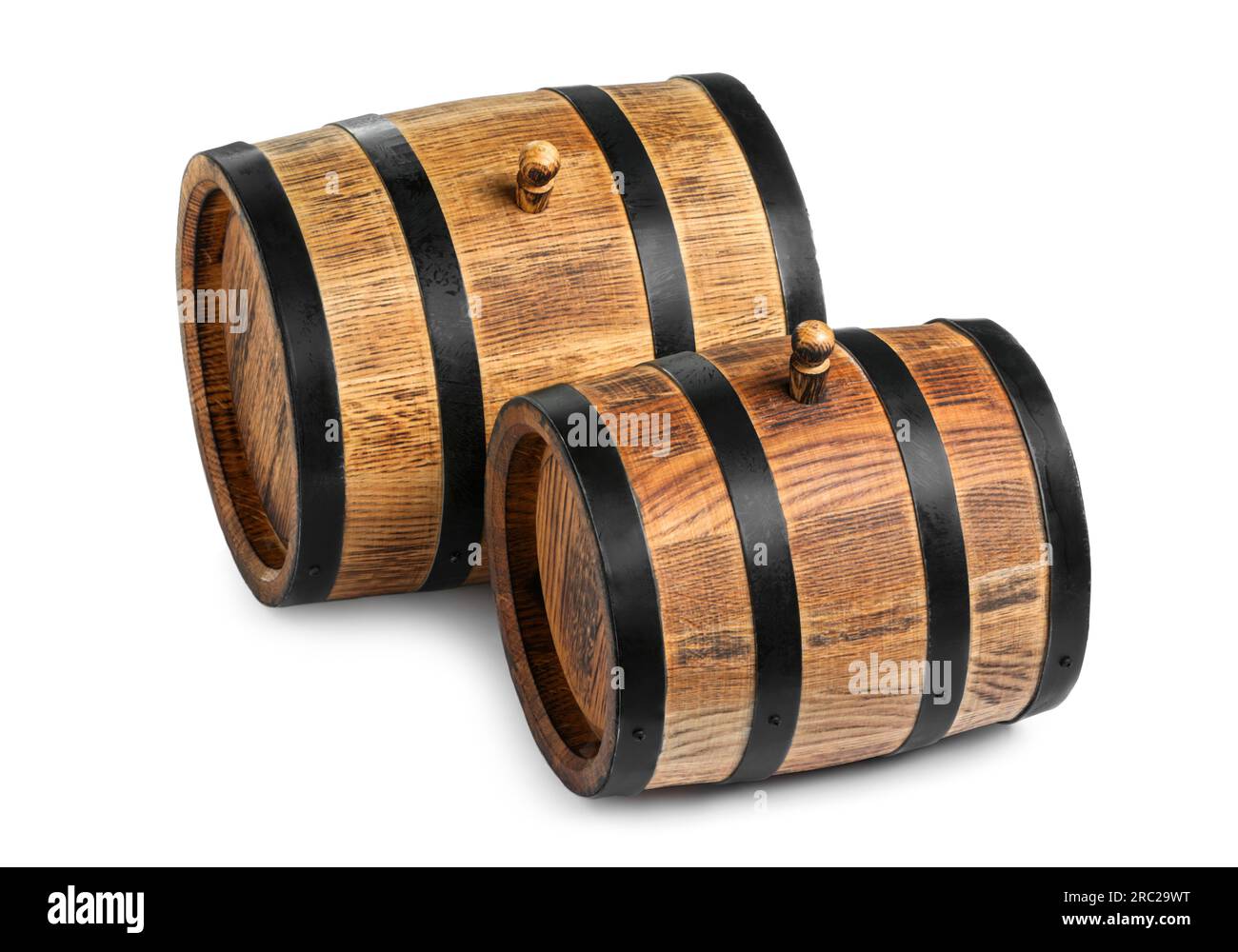 Two traditional wooden barrels isolated on white Stock Photo - Alamy