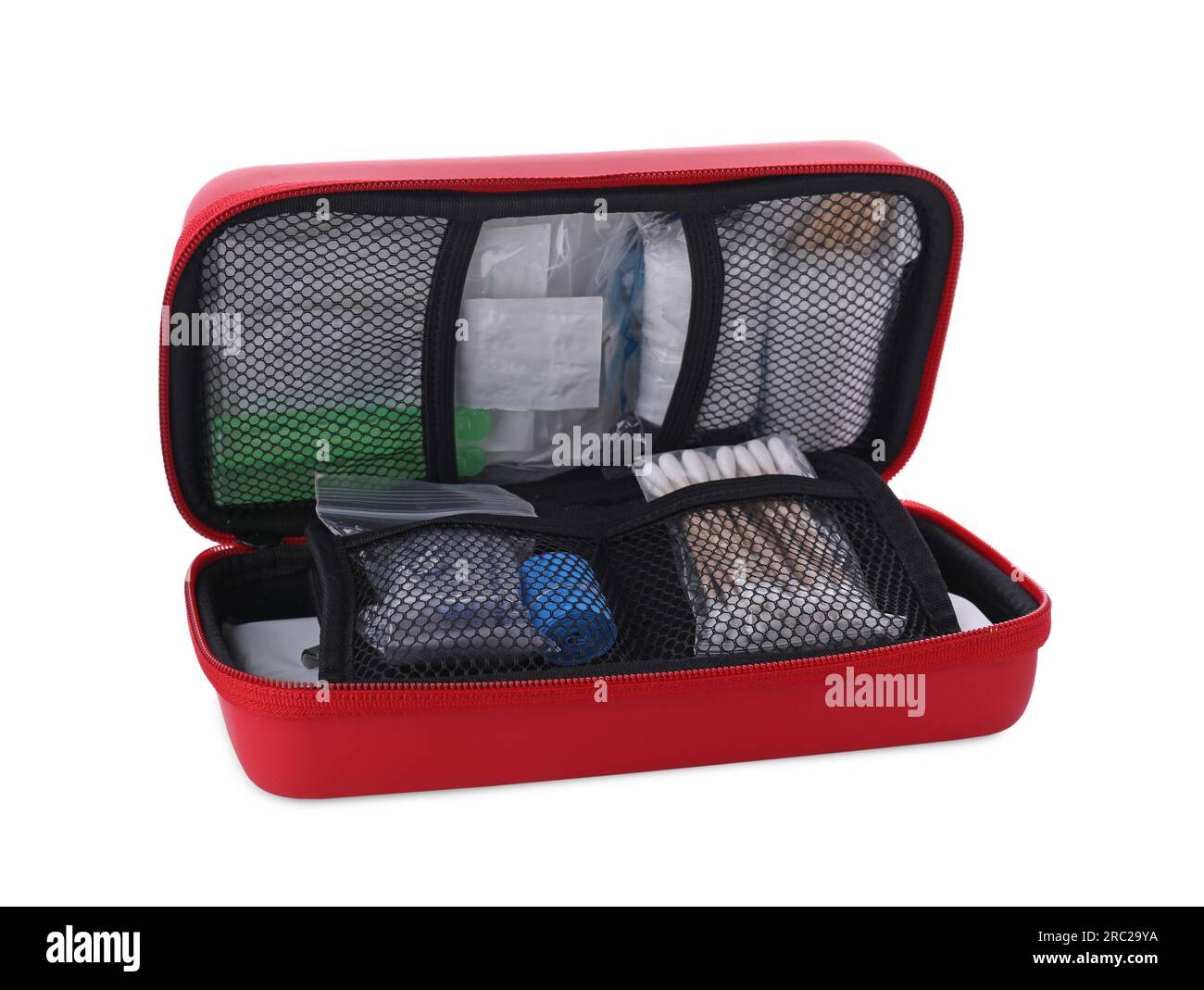 Red first aid kit with cotton buds and elastic bandage isolated on ...