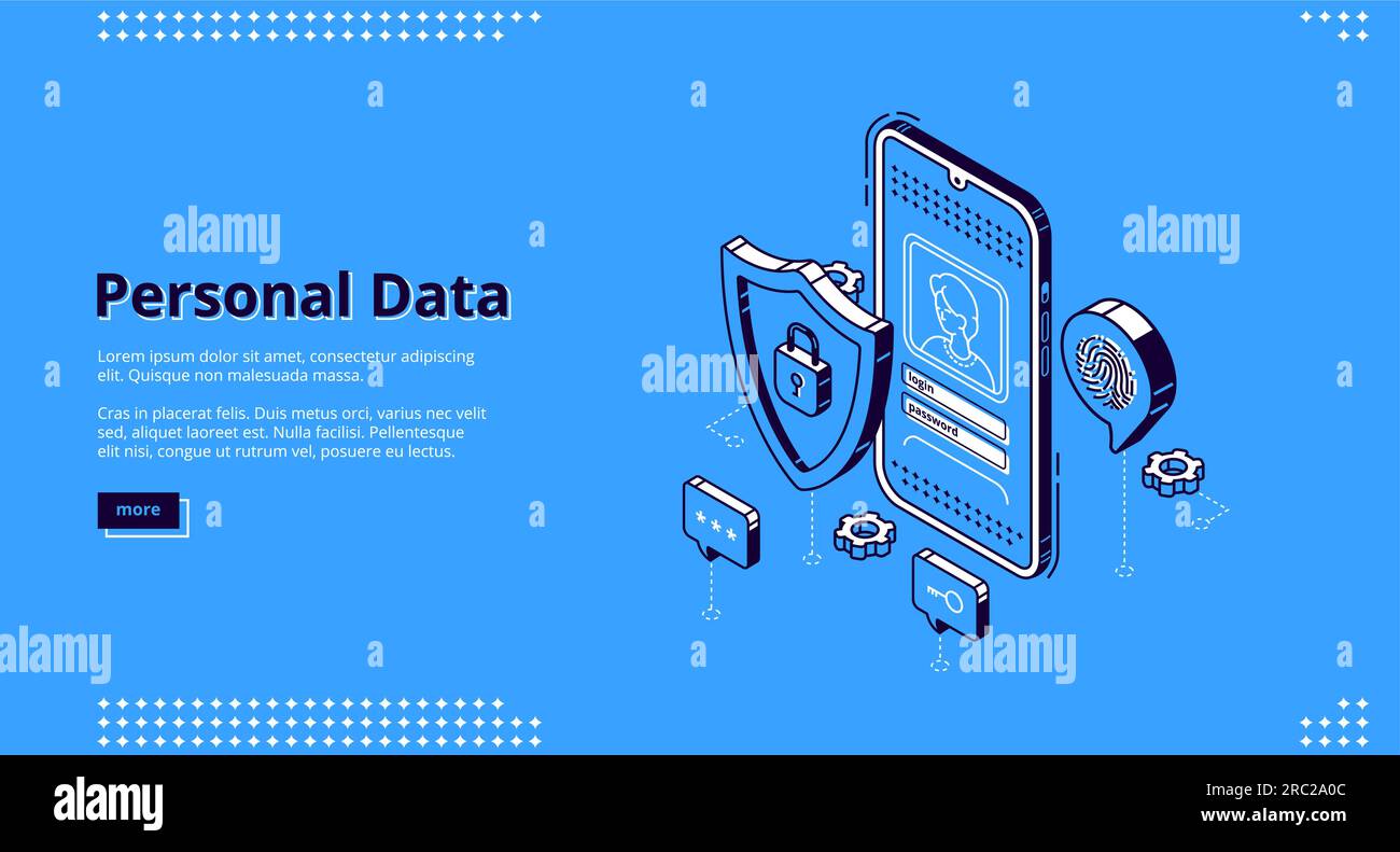 Personal data isometric landing page. Online access login and password enter page on smartphone ...
