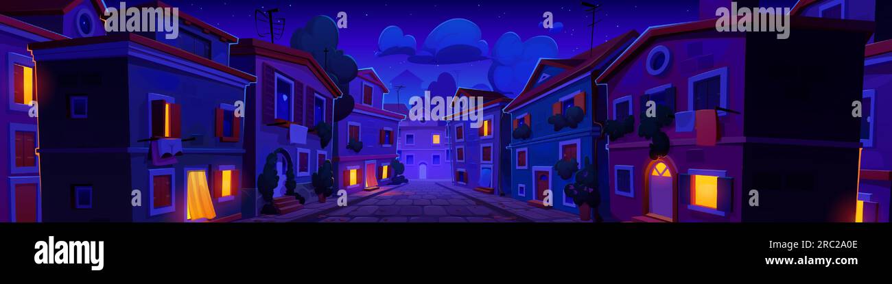 Night Italy old town street cartoon vector illustration. Italian ...