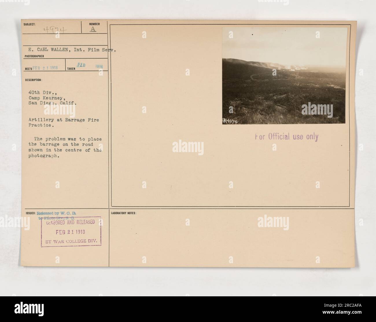 Photograph taken on February 21, 1918 at Camp Kearney, San Diego ...