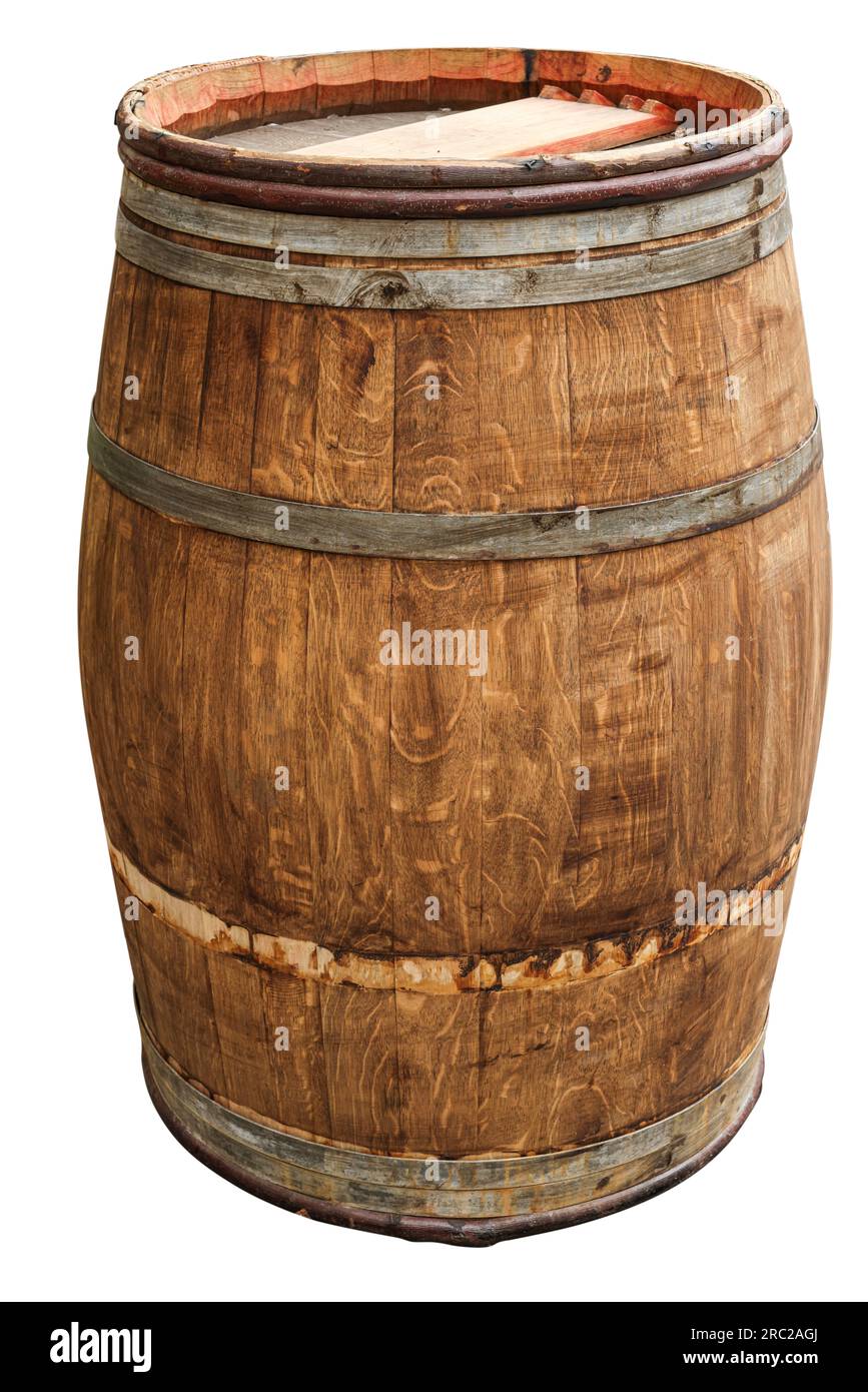 One wooden barrel with metal hoops isolated on white Stock Photo - Alamy