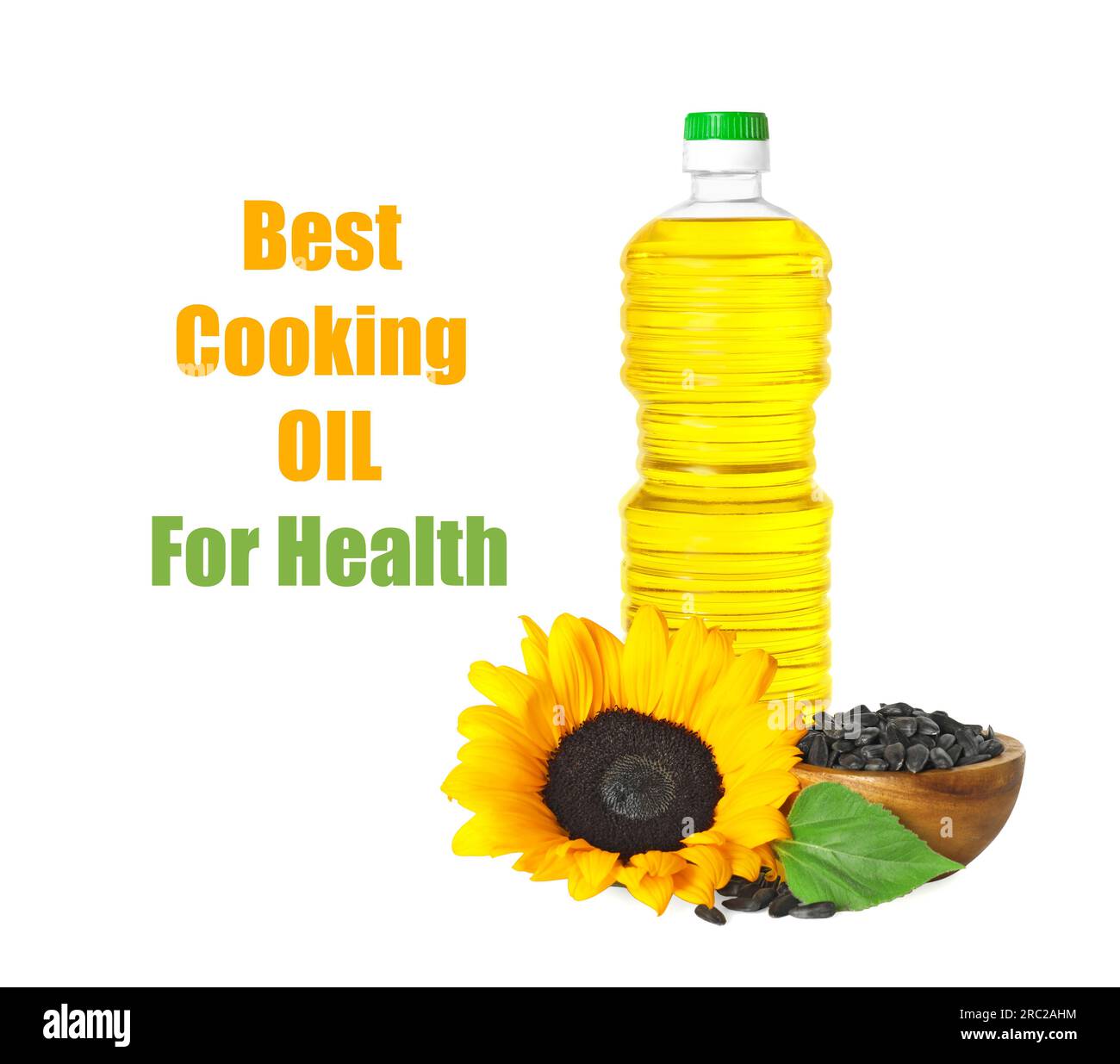 Sunflower oil as best cooking oil for health. Text and product on white ...