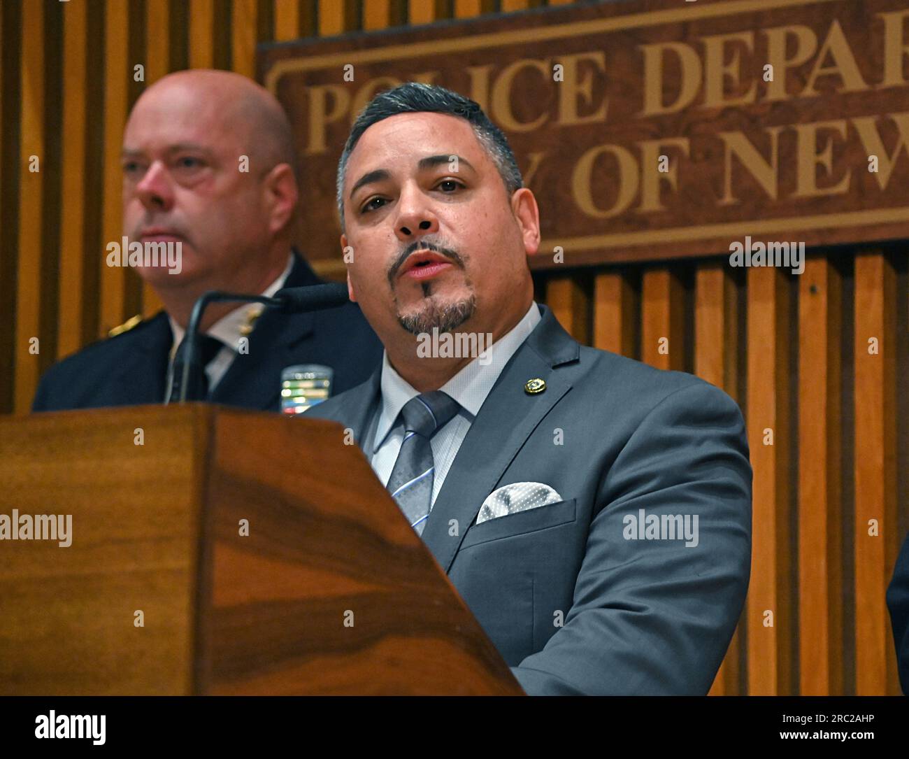New York, USA. 03rd July, 2023. Acting NYPD Commissioner Edward Caban speaks at a press ...