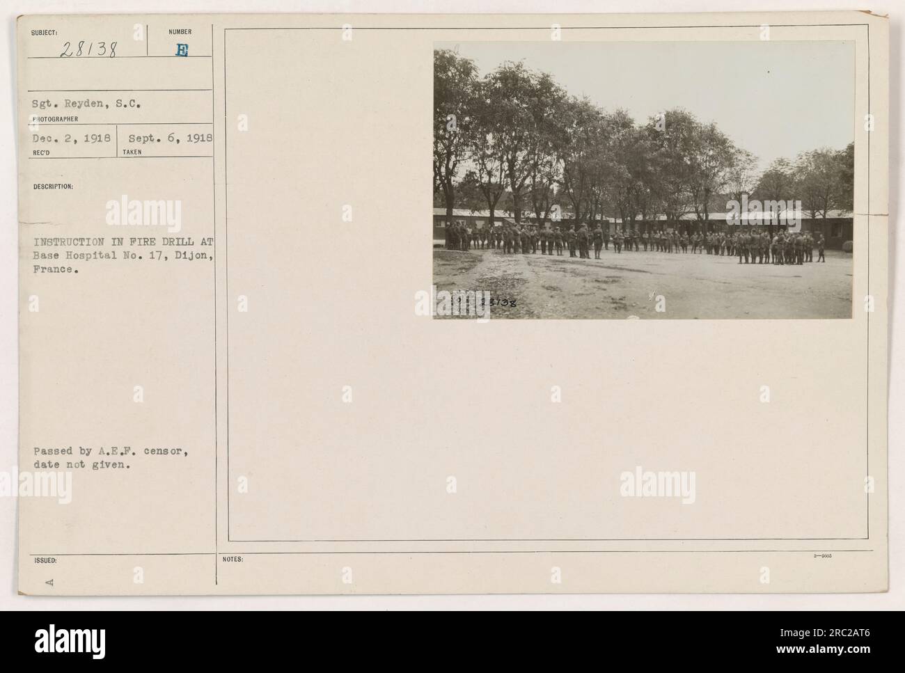 Caption: "Soldiers receiving instruction in fire drill at Base Hospital ...