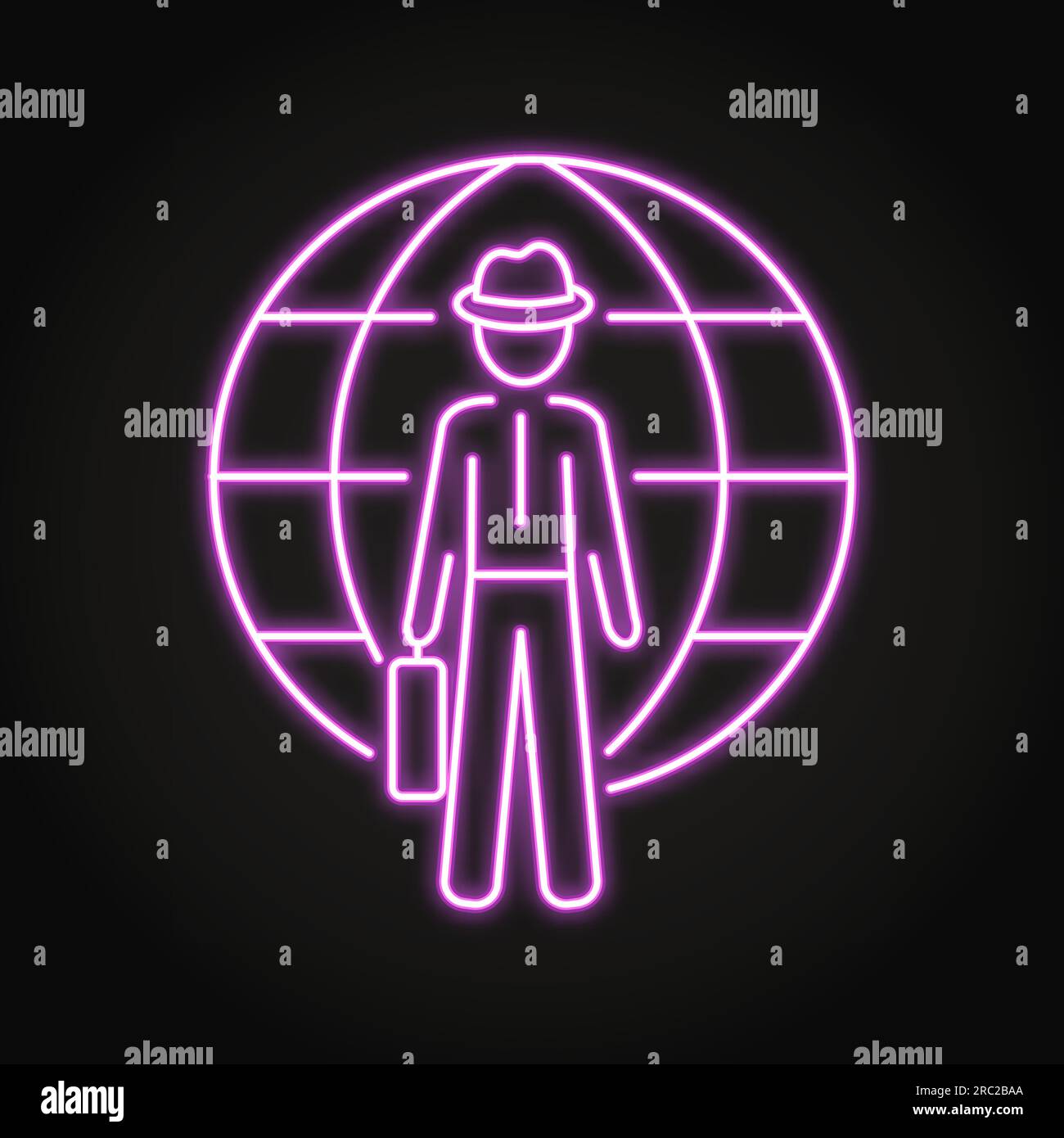 International spy agent neon icon. Man in suit with globe on background ...