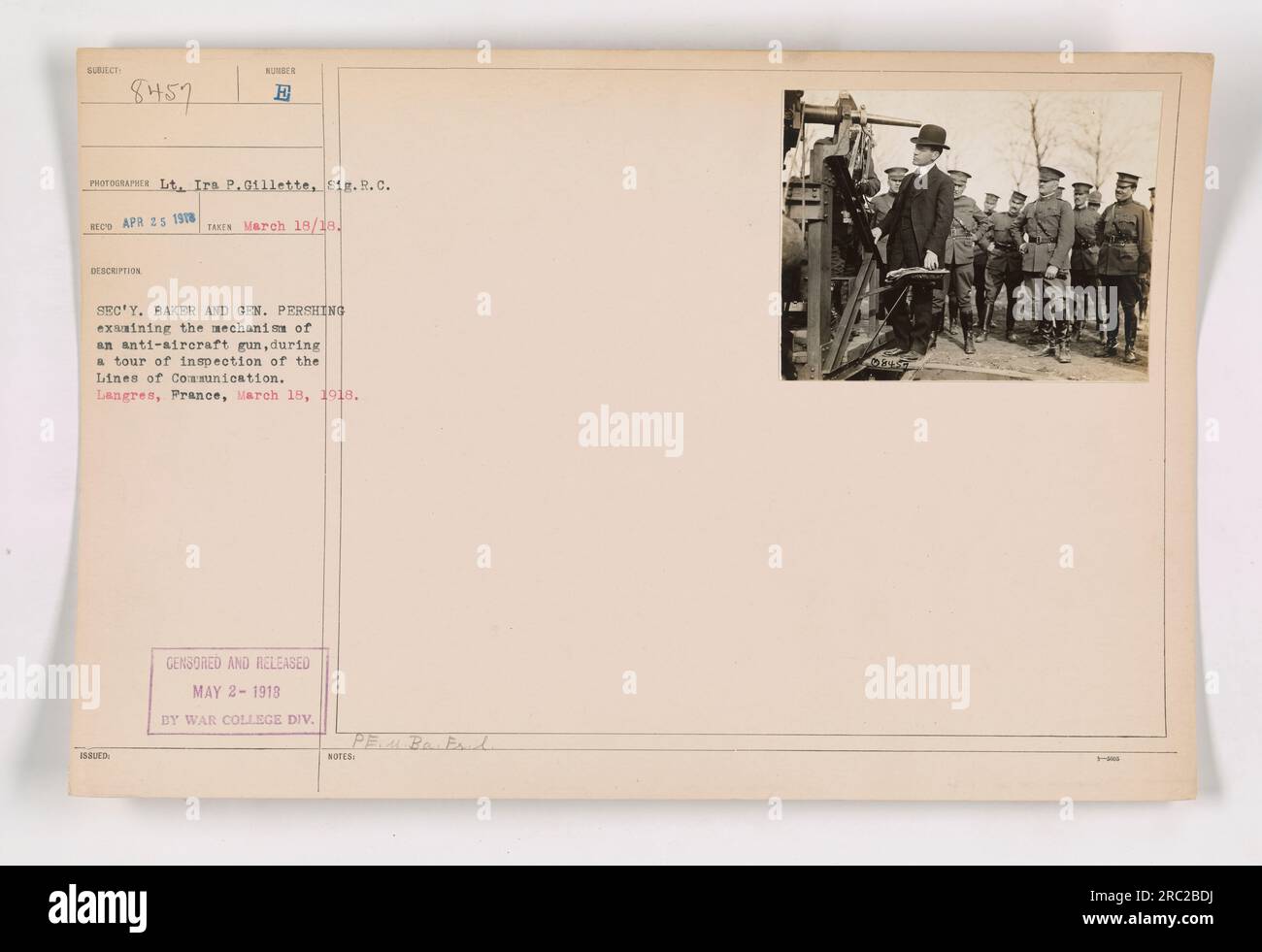 Lt. Irs P. Gillette, Sig. R.C., is photographed on April 25, 1918. The image shows Secretary ...