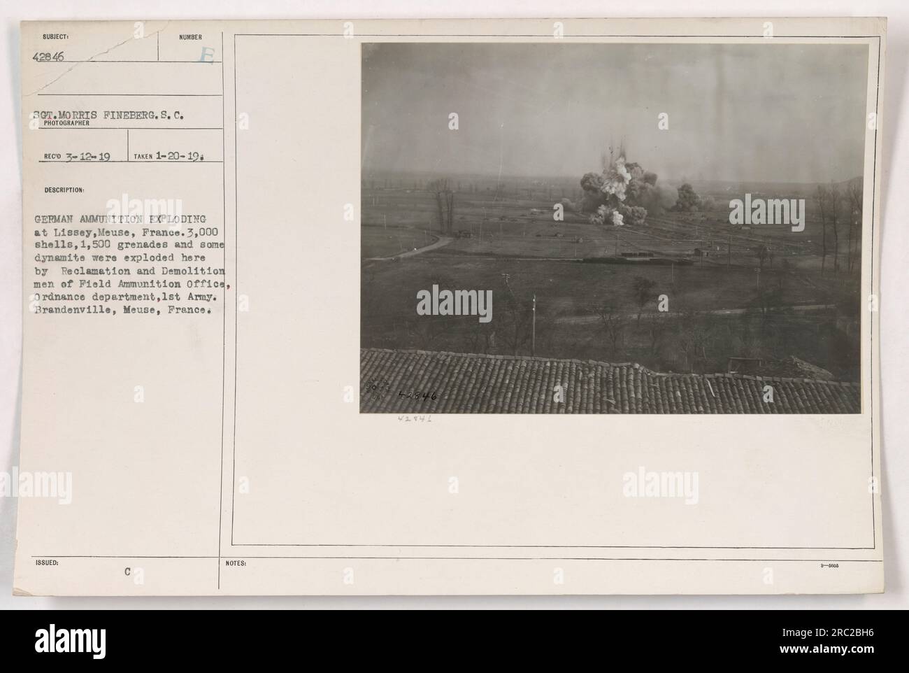 German ammunition exploding at Lissey, Meuse, France. This photograph ...