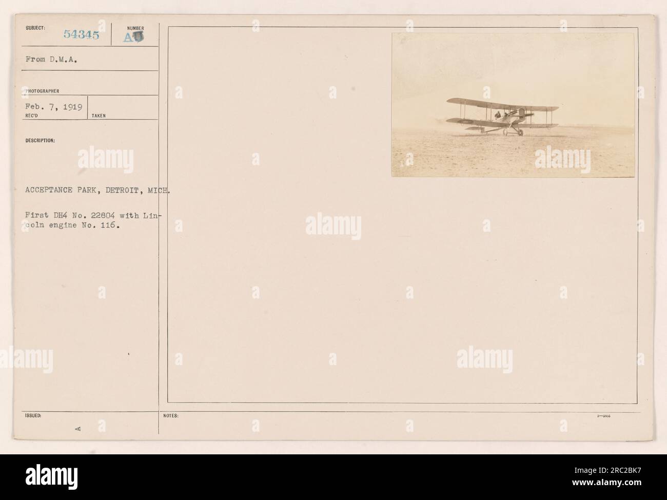 The photograph shows the First DH4 aircraft with registration number ...