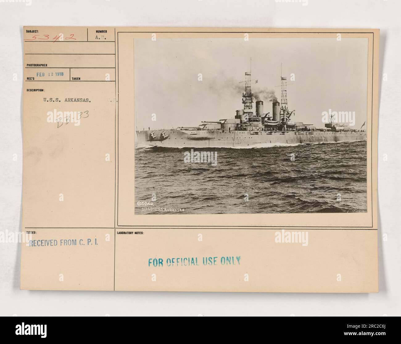 Image of the USS Arkansas (BB-33) battleship taken on February 12, 1918 ...