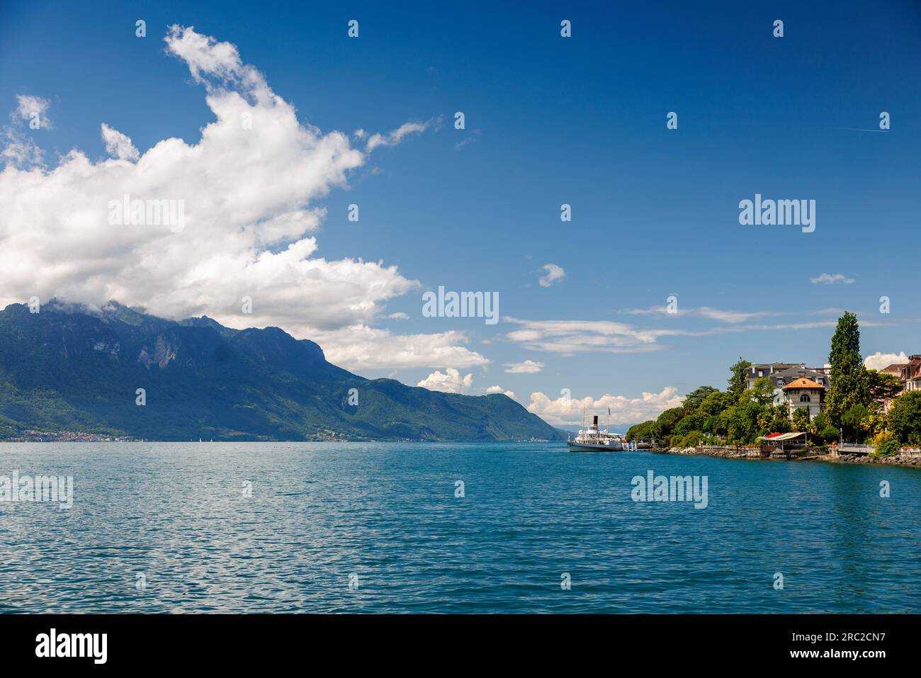 Montreux Riviera on a beautiful summer day with a steamboat in Lake ...