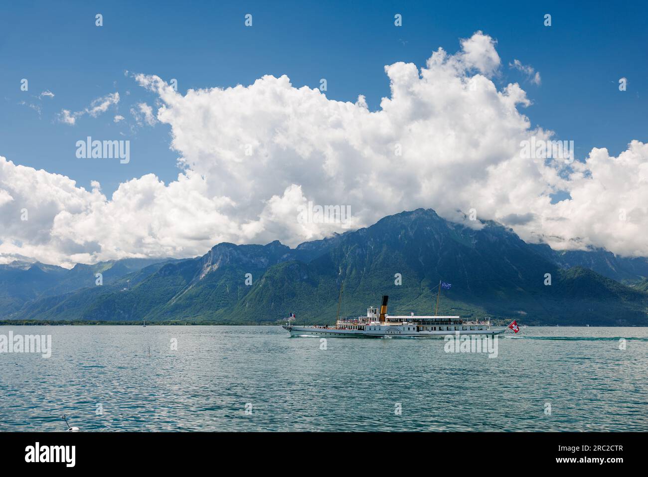 Montreux Riviera on a beautiful summer day with a steamboat in Lake ...