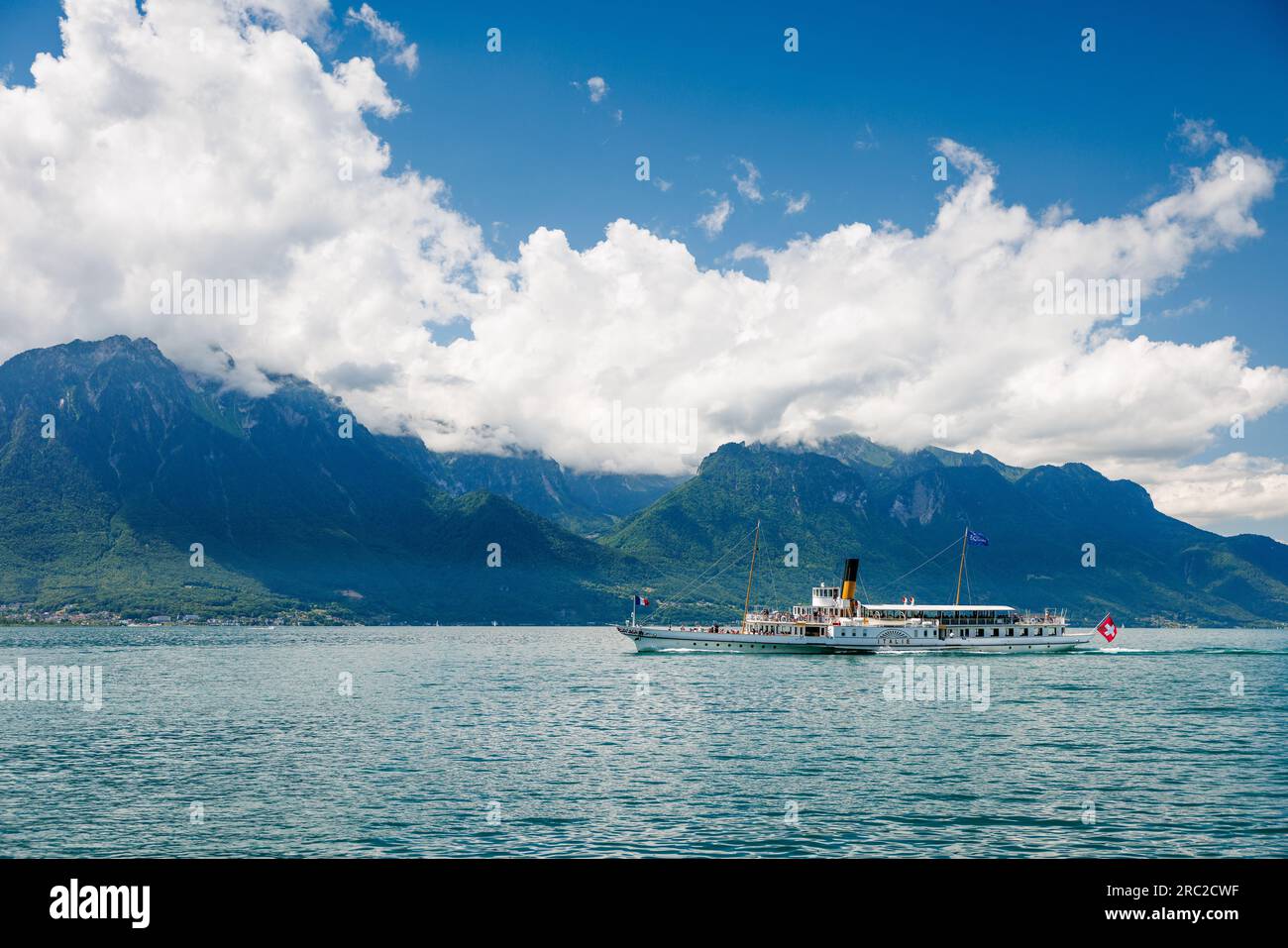 Montreux Riviera on a beautiful summer day with a steamboat in Lake ...