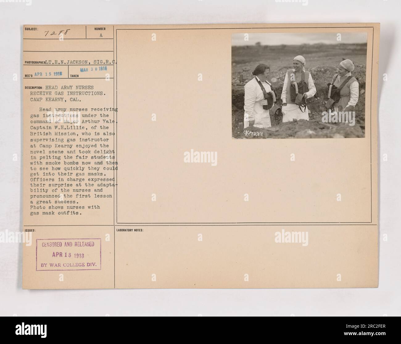 Head Army Nurses receiving gas instructions at Camp Kearney, California ...