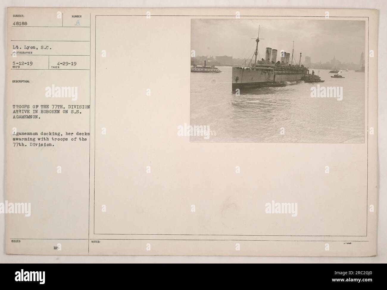 Troops of the 77th Division arriving at the port of Hoboken on the S.S ...