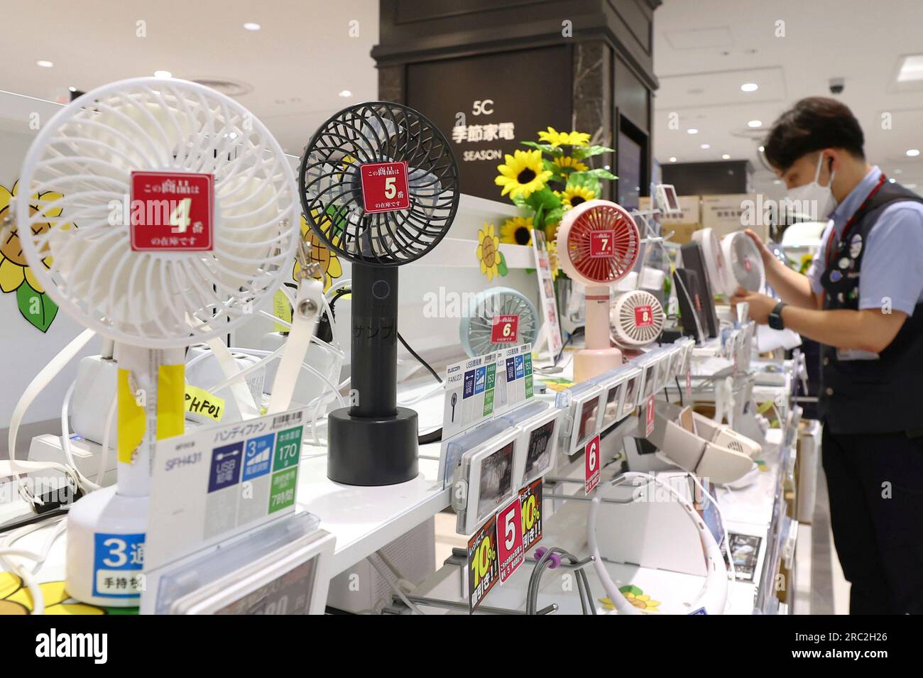 A photo shows portable electric fans lined up at electronics retail ...