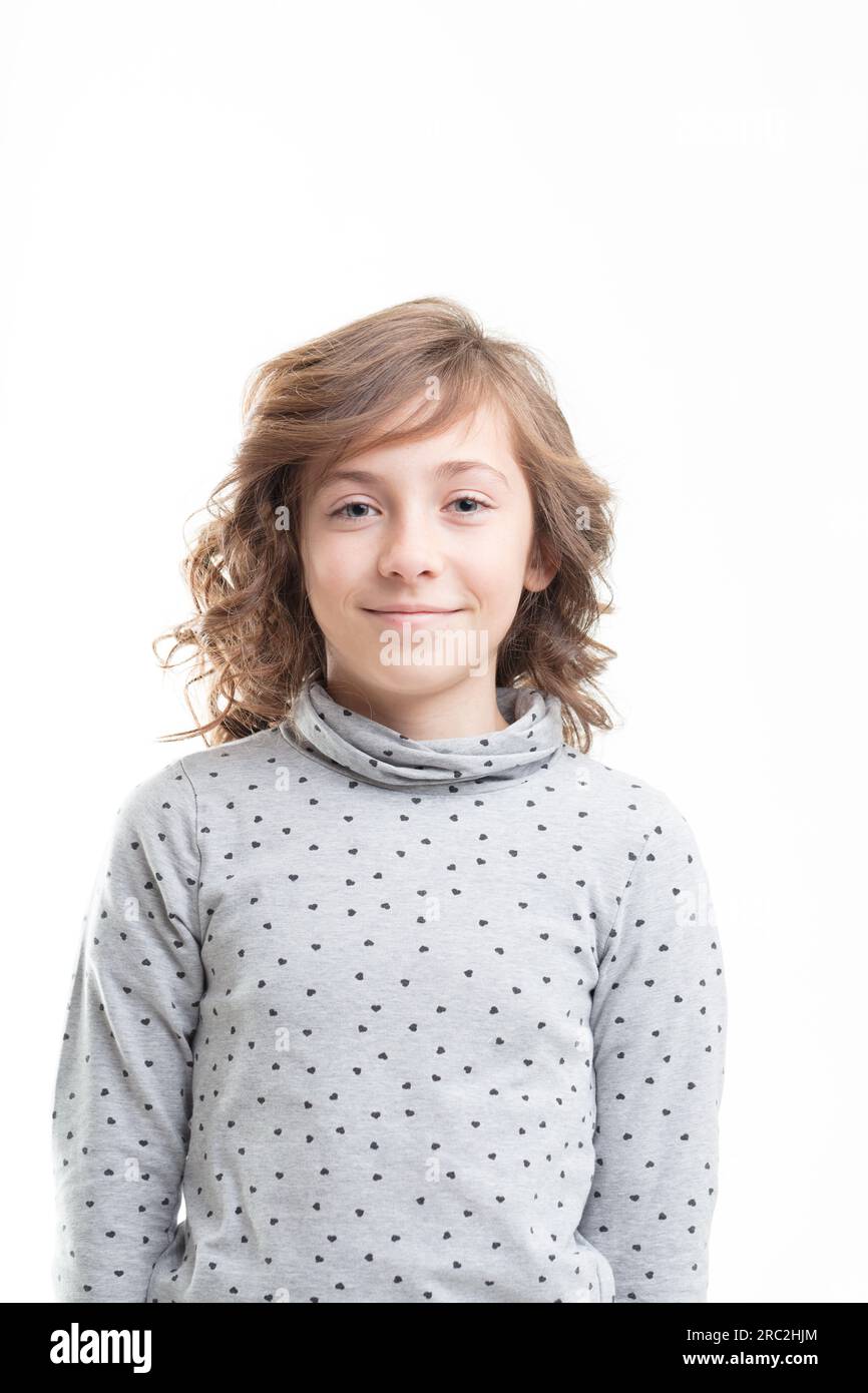 Half-length portrait of a girl with a seraphic smile, confidently ...