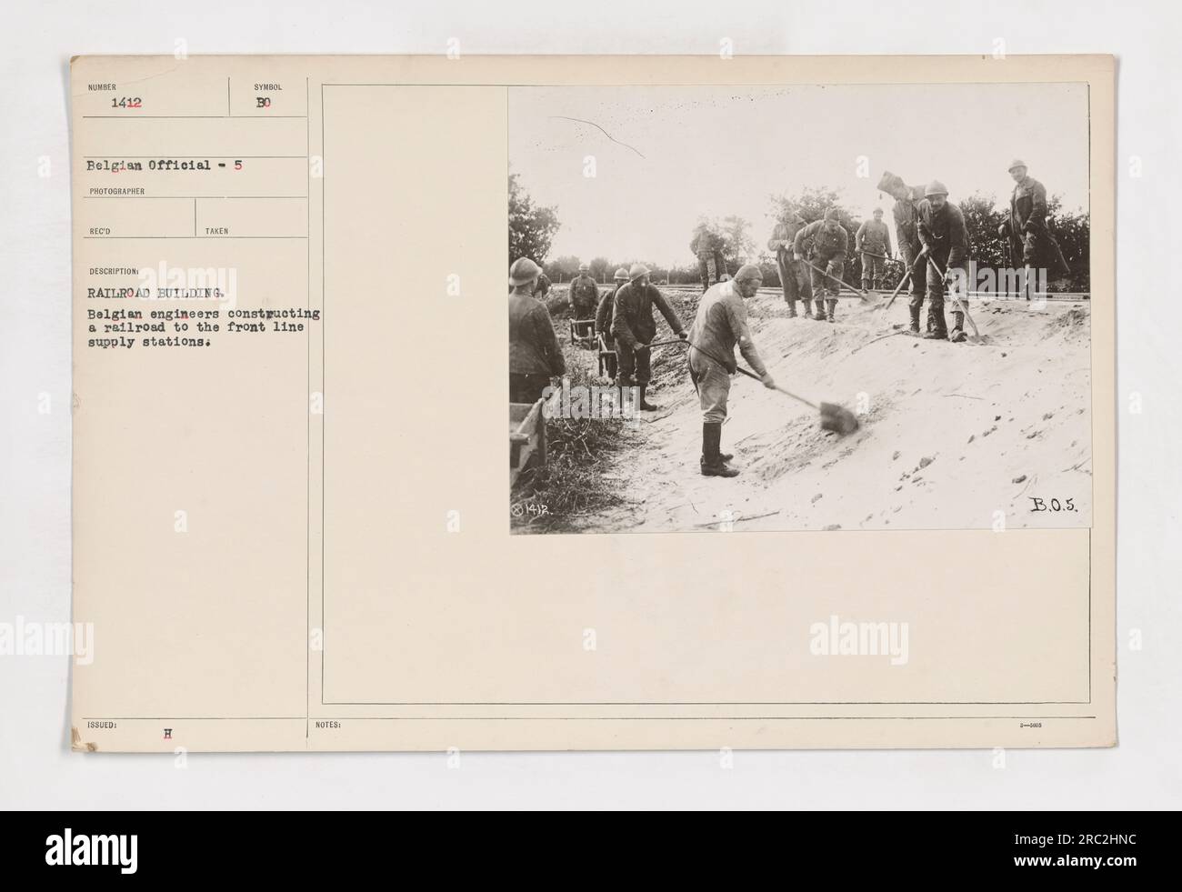 Belgian engineers constructing a railroad to the front line supply ...