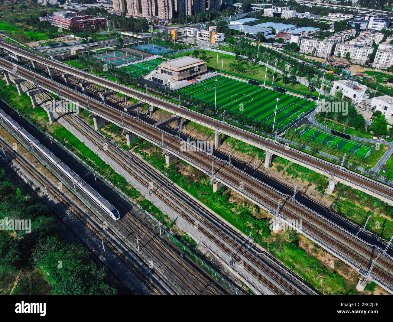 Aerial photo shows the High Speed Rail City Park in Chengdu City ...