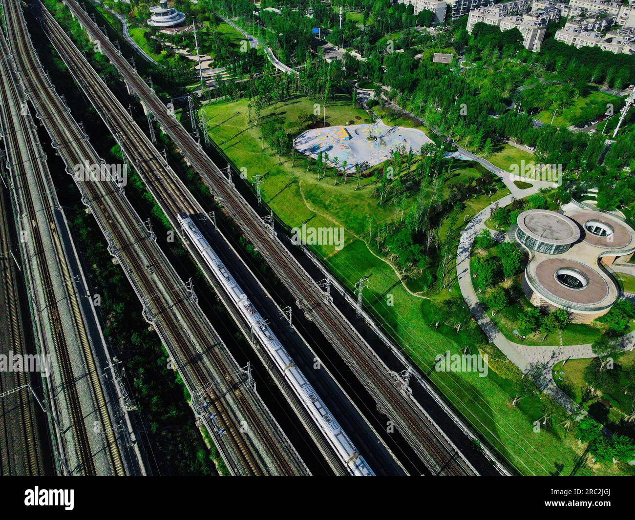Aerial photo shows the High Speed Rail City Park in Chengdu City ...