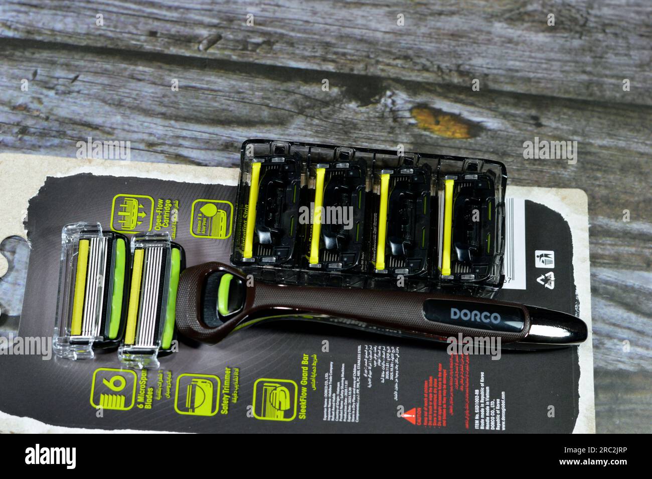 Cairo, Egypt, July 5 2023: Dorco Pace 6 Pro for shaving comes with ...