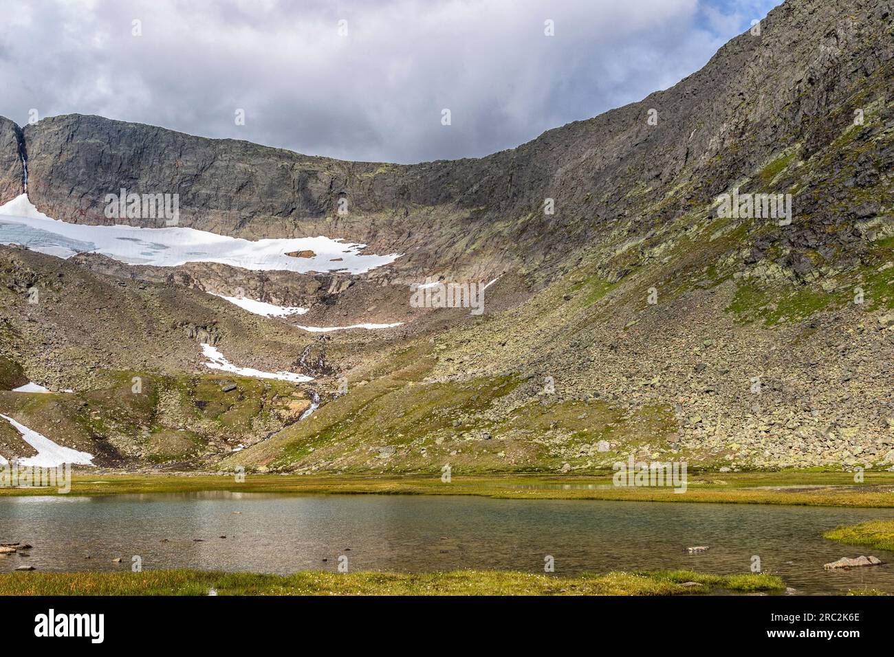 Glacier lake in a mountain valley with a small glacier Stock Photo - Alamy