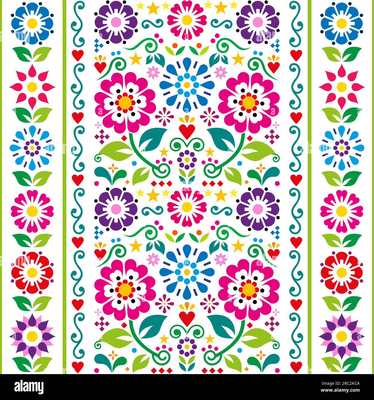 Mexican embroidery folk art style vector seamless pattern with flowers ...
