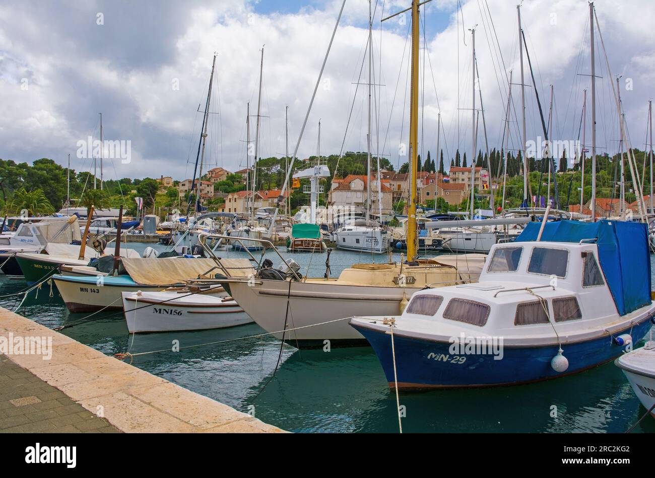 Milna, Croatia - May 16th 2023. The harbour of Milna Village on the ...