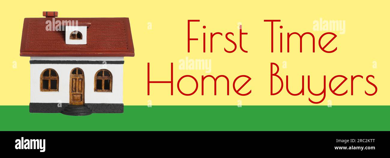 First time home buyers. House model on color background. Banner design ...