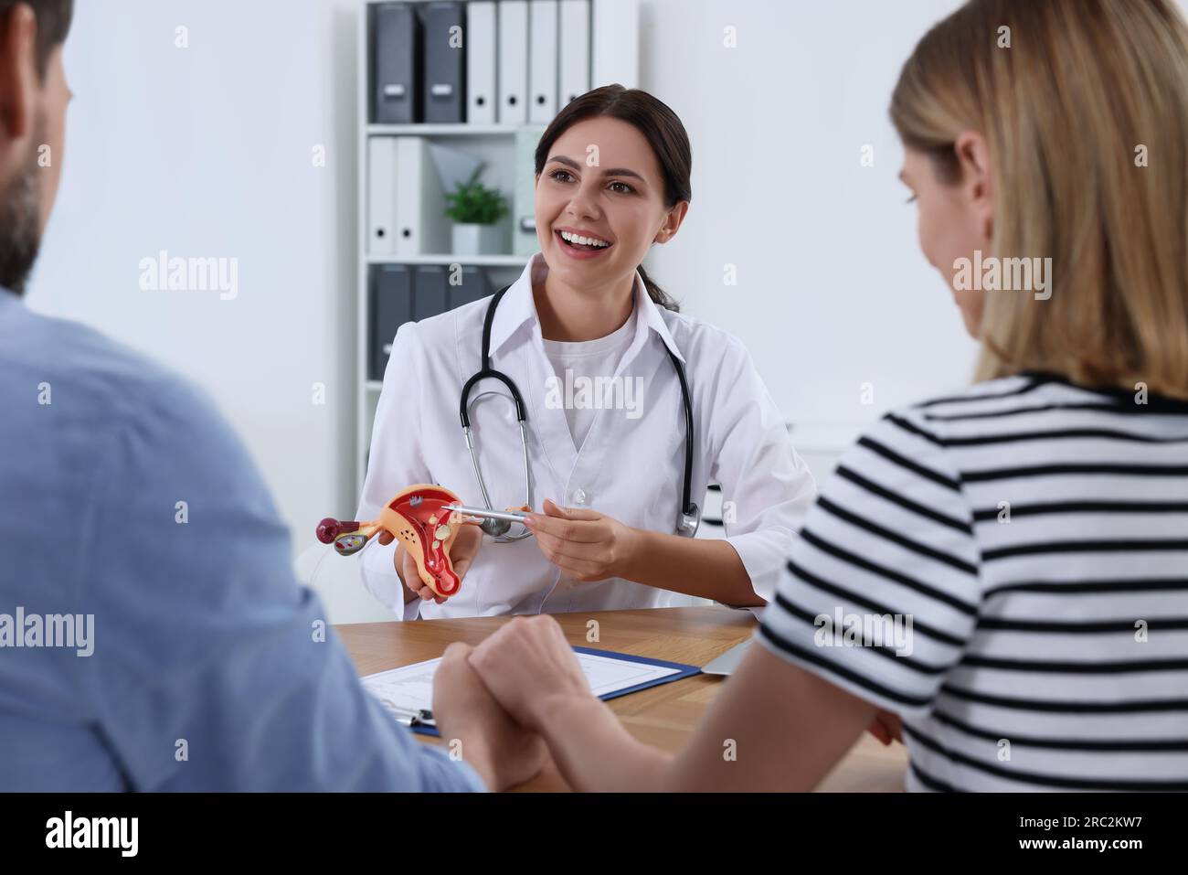 Fertility doctor demonstrating model of female reproductive system to ...