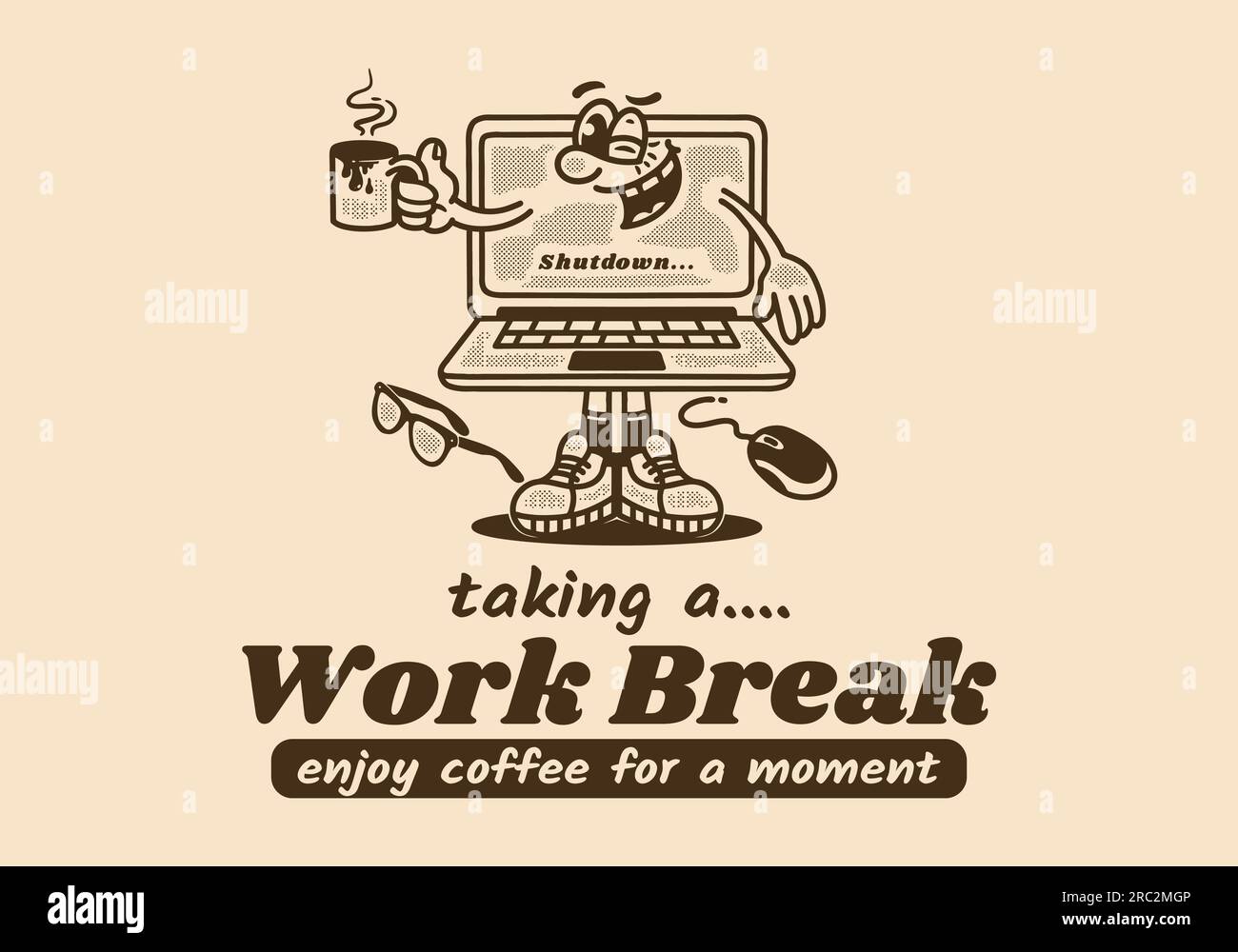 Taking a work break, a laptop mascot character design in vintage style ...