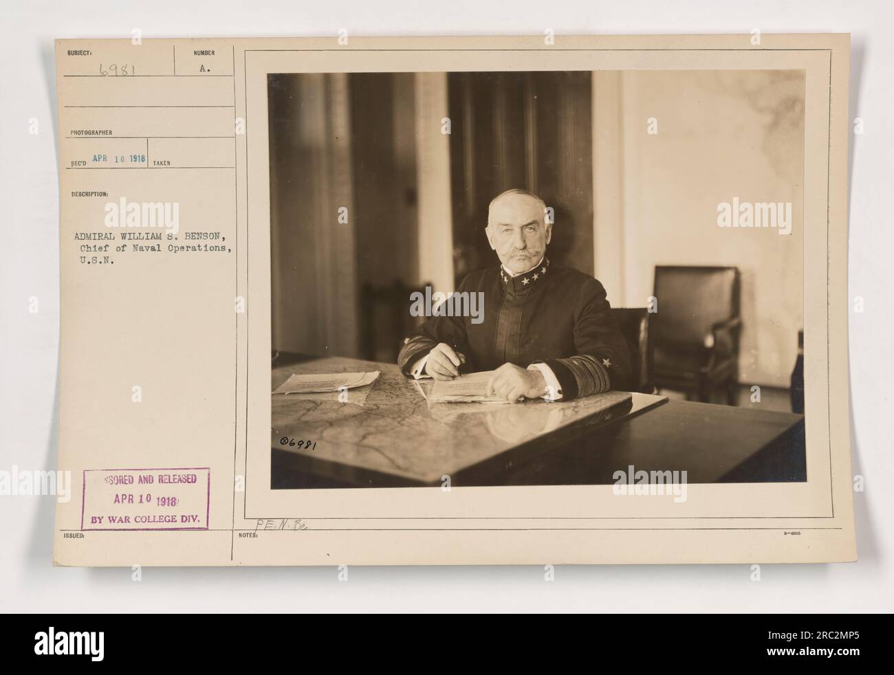 Admiral William S. Benson, Chief of Naval Operations, is seen here ...