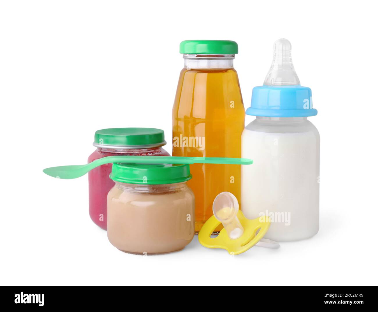 Healthy baby food, bottles with juice, milk and pacifier on light grey ...