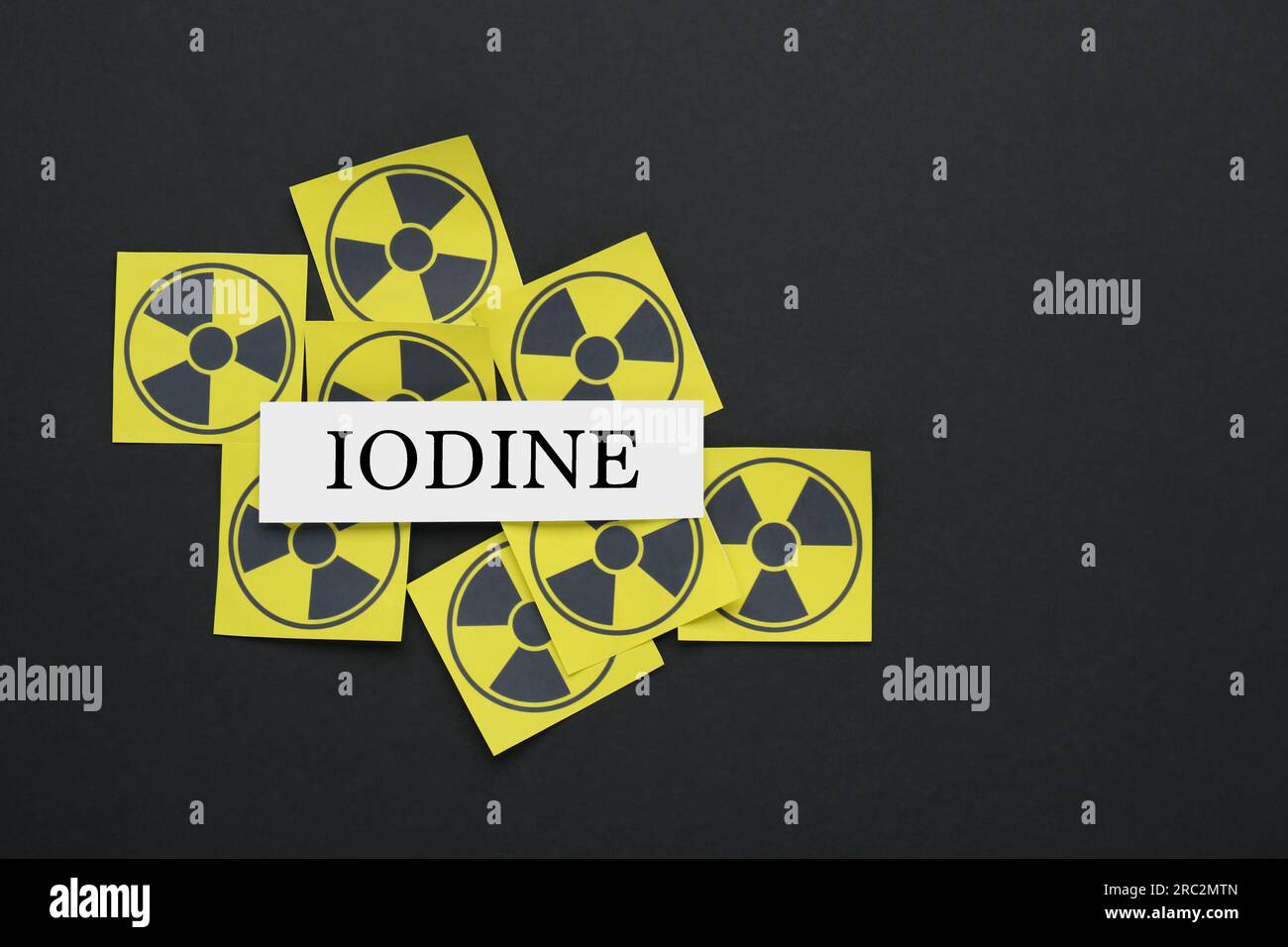 Paper note with word Iodine and radiation signs on black background ...