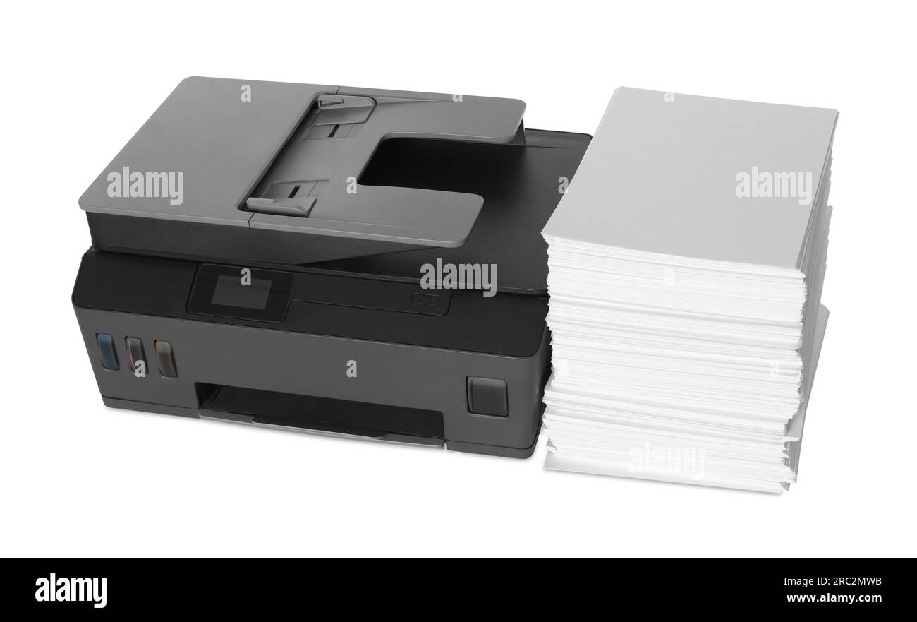 Modern printer and stack of paper on white background Stock Photo - Alamy