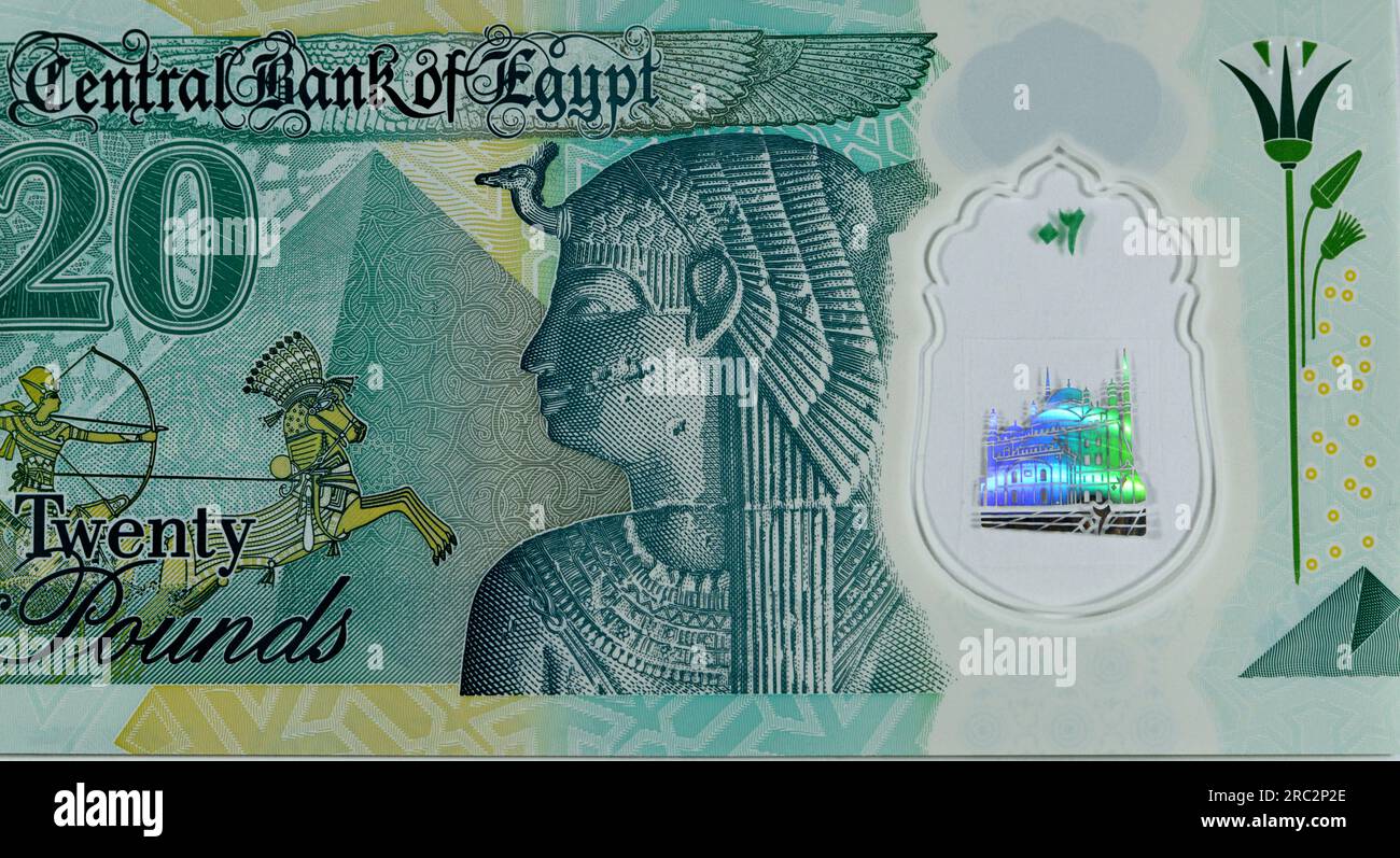 Large fragment of the reverse side of the new Egyptian 20 EGP LE twenty ...