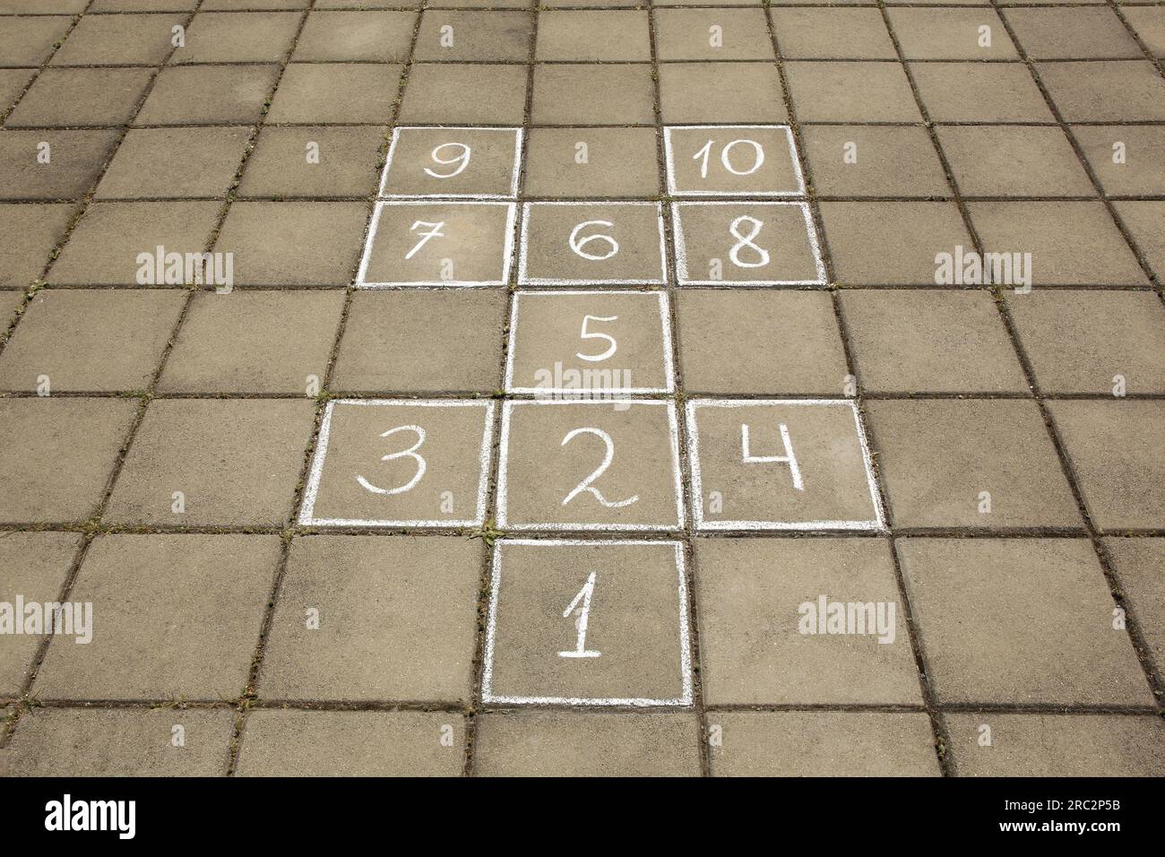 Hopscotch drawn with white chalk on street tiles outdoors Stock Photo ...