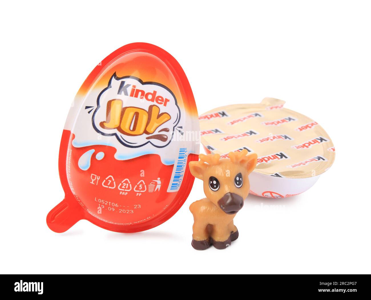 Slynchev Bryag, Bulgaria - May 24, 2023: Kinder Joy Egg and toy deer ...
