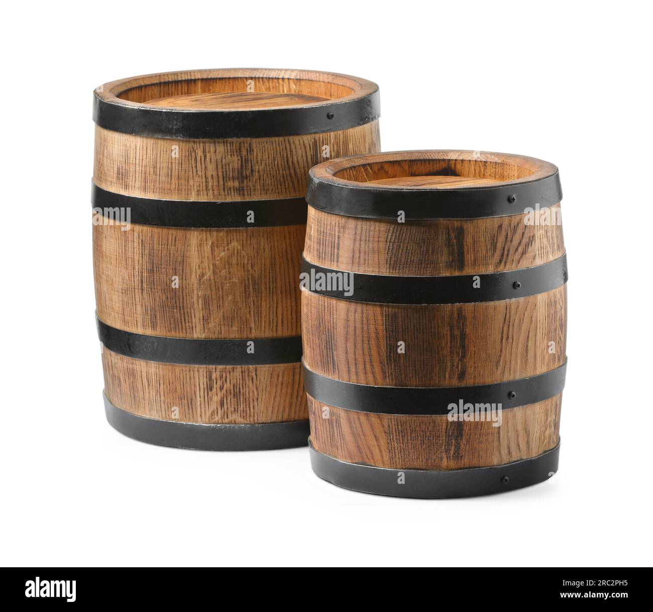 Two traditional wooden barrels isolated on white Stock Photo - Alamy