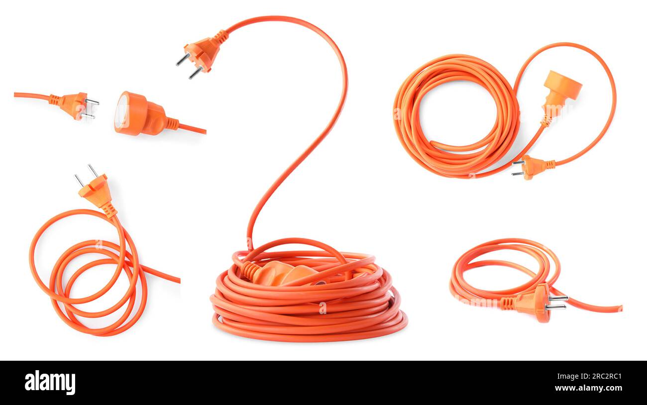 Collage with orange extension cord on white background, different sides ...